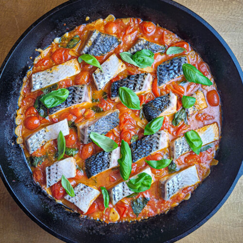 Braised Fish with Cherry Tomatoes, Garlic, and Basil - Ian Benites