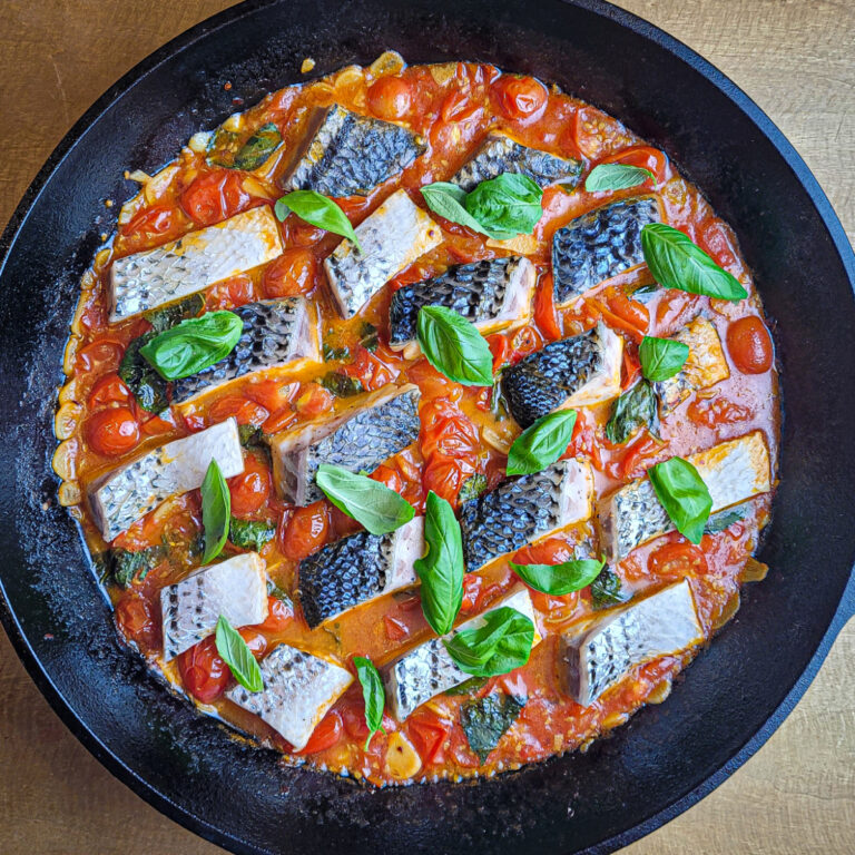 Braised Fish with Cherry Tomatoes, Garlic, and Basil - Ian Benites